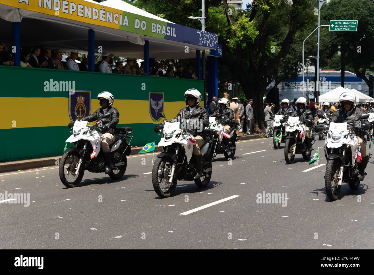Salvador, Bahia, Brazil - September 07, 2024: Military police officers are seen parading on ...