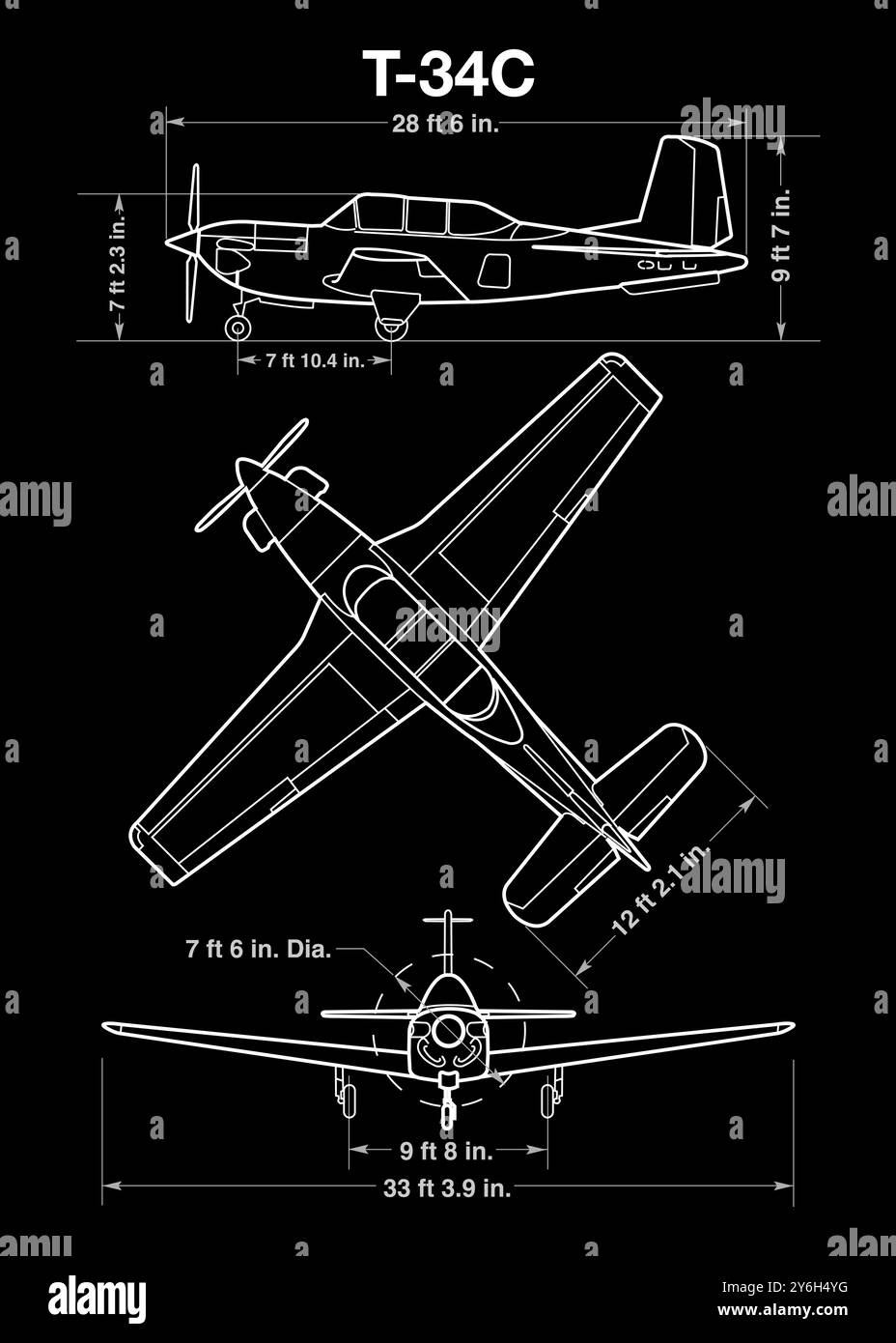 The image showcases a detailed blueprint of a T-34C aircraft, presented ...