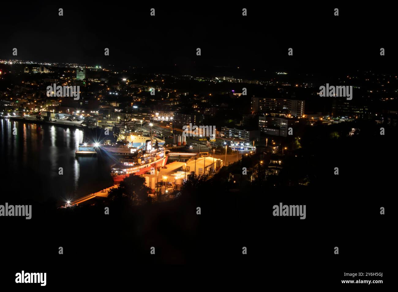 The harbor and downtown at night in St. John's, Newfoundland & Labrador ...
