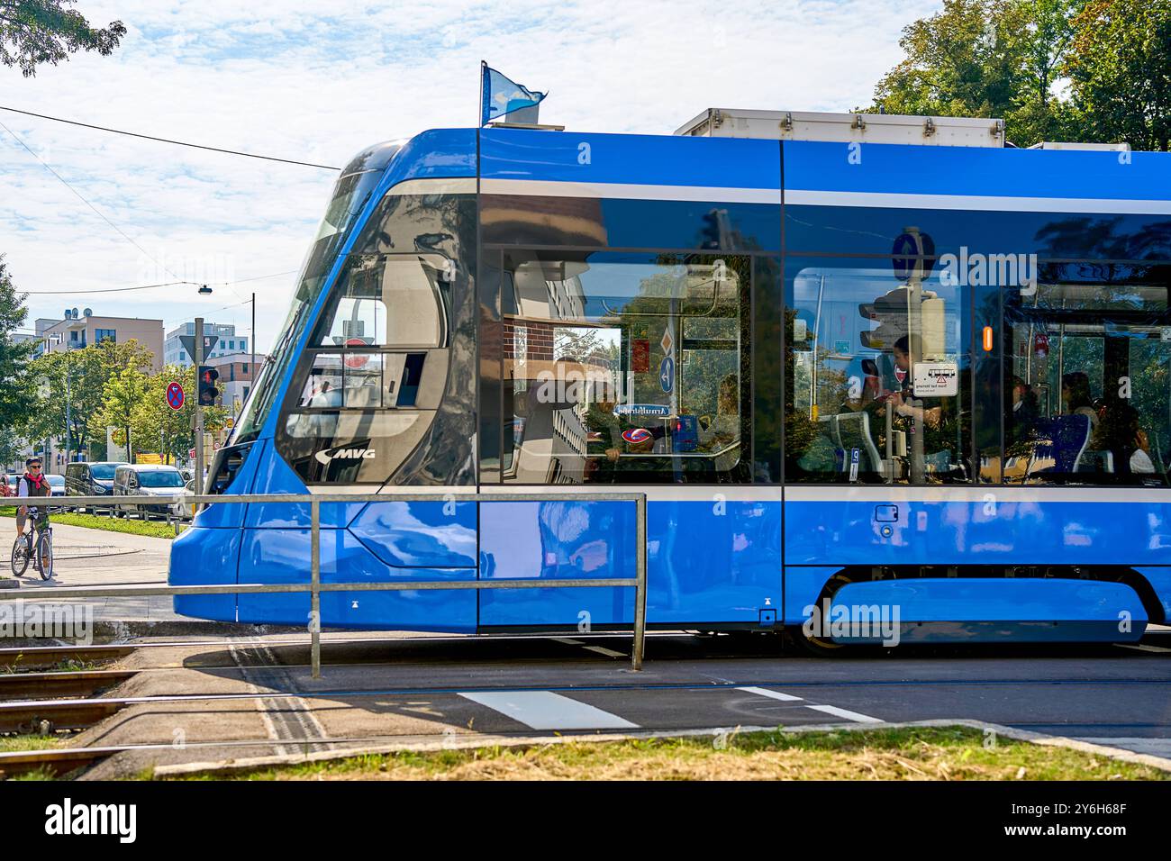 Munich, Bavaria, Germany - September 23, 2024: A blue streetcar ...