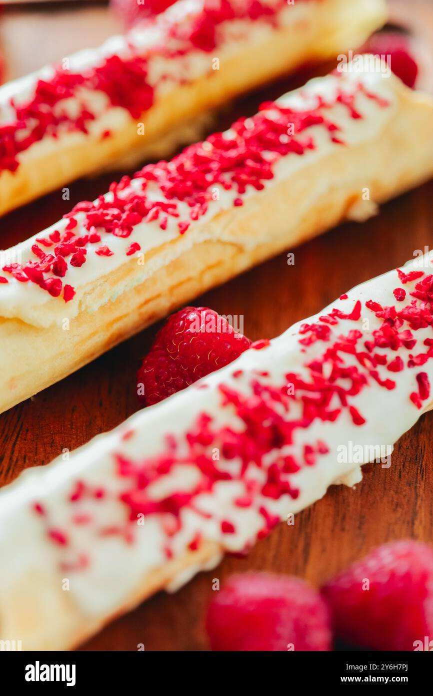 Baked goods with dried sublimated berries. Wafer rolls with butter ...