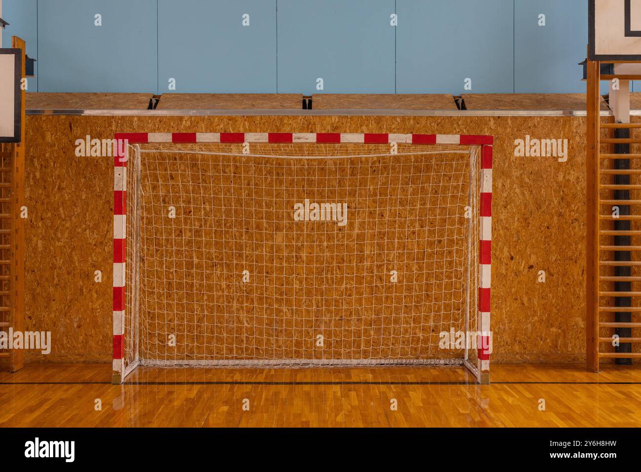 Indoor Soccer Goal in School Gymnasium with Wooden Floor and Equipment ...