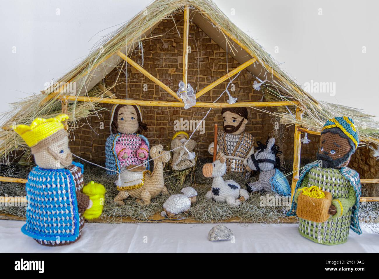 Amigurumi Nativity manger scene in a fair stall. Christmas decoration ...