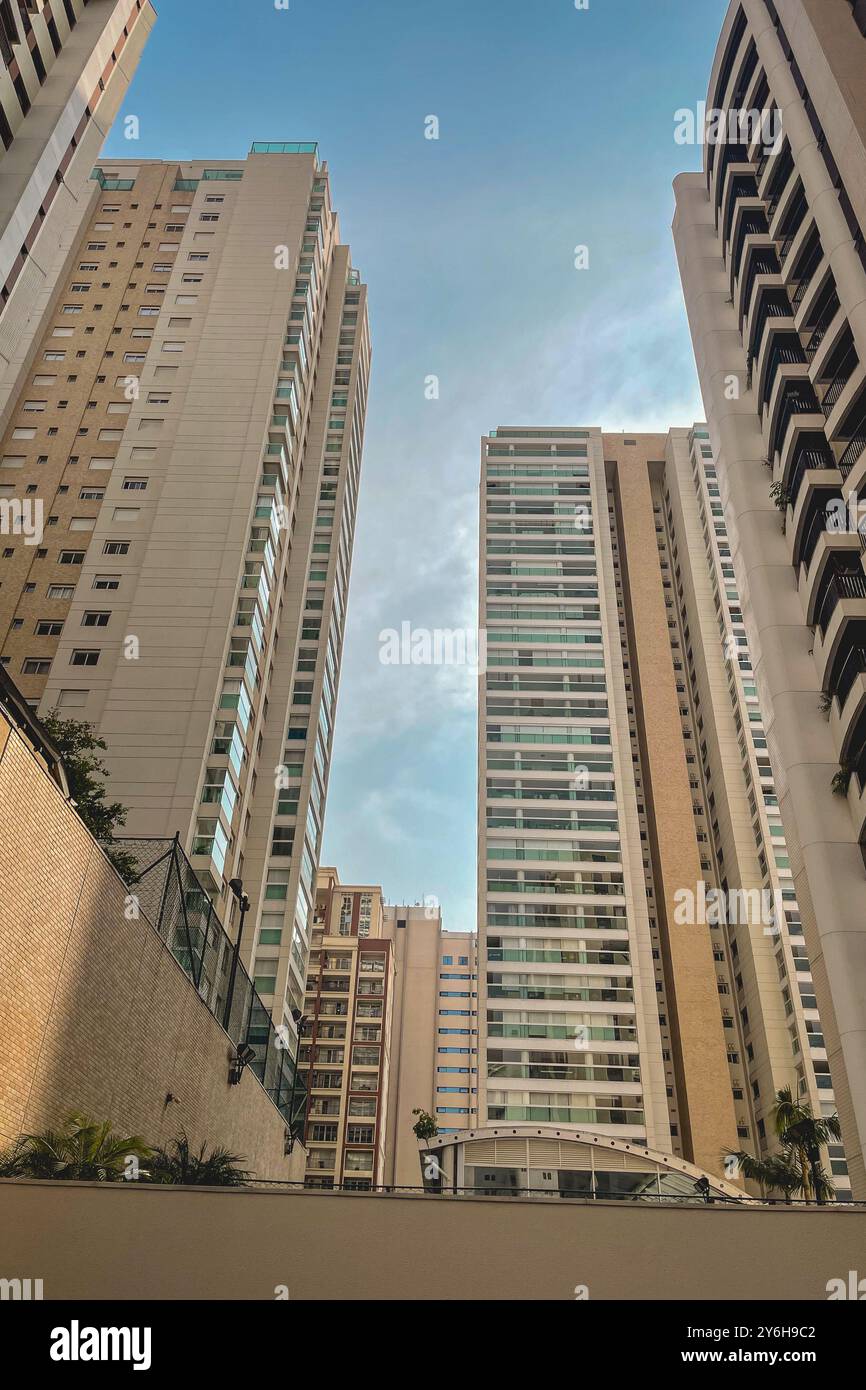 A view from under, looking at a view tall buildings, in Tatuape, Sao ...