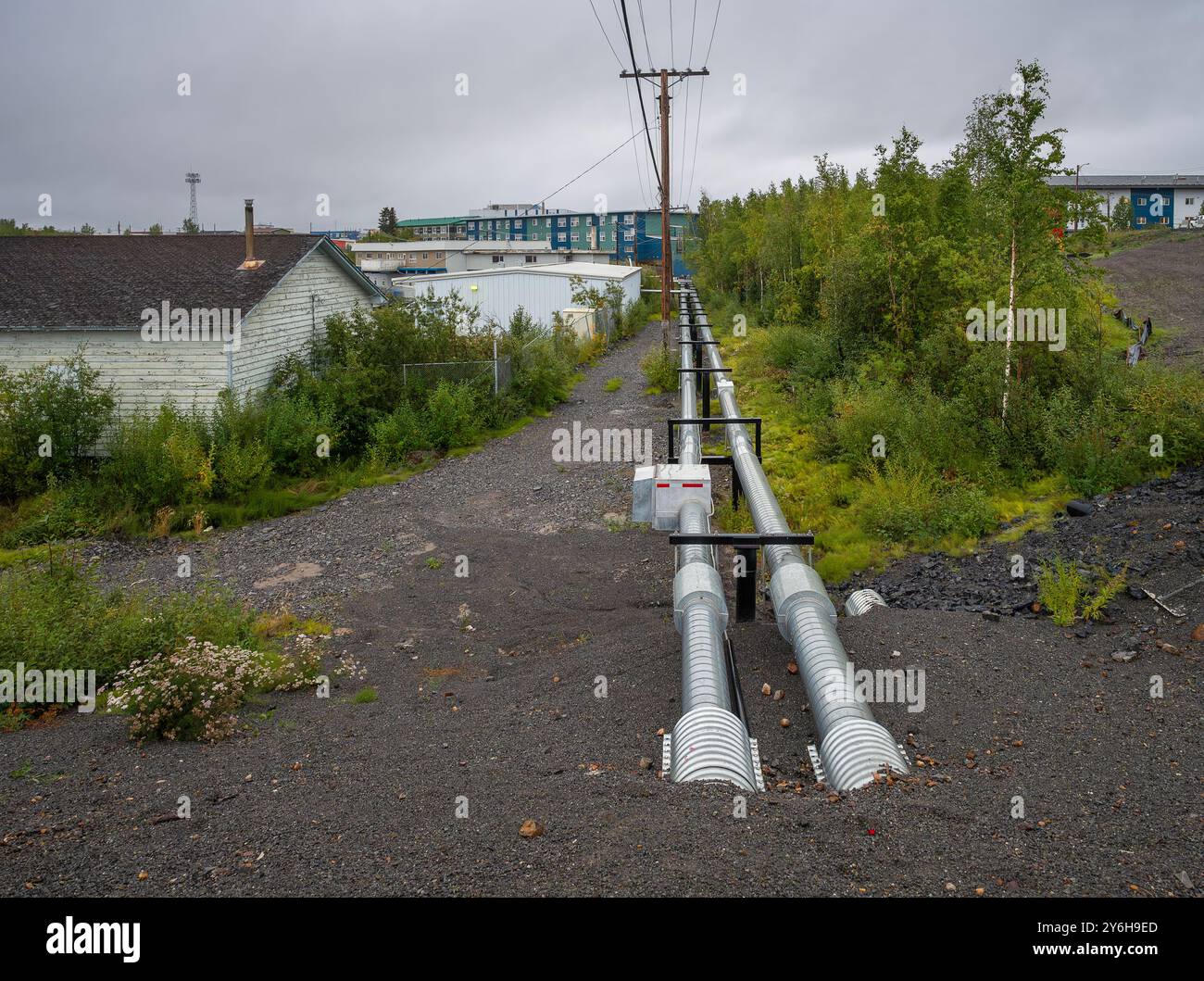 Above ground utility lines over the permafrost of Inuvik, Northwest ...