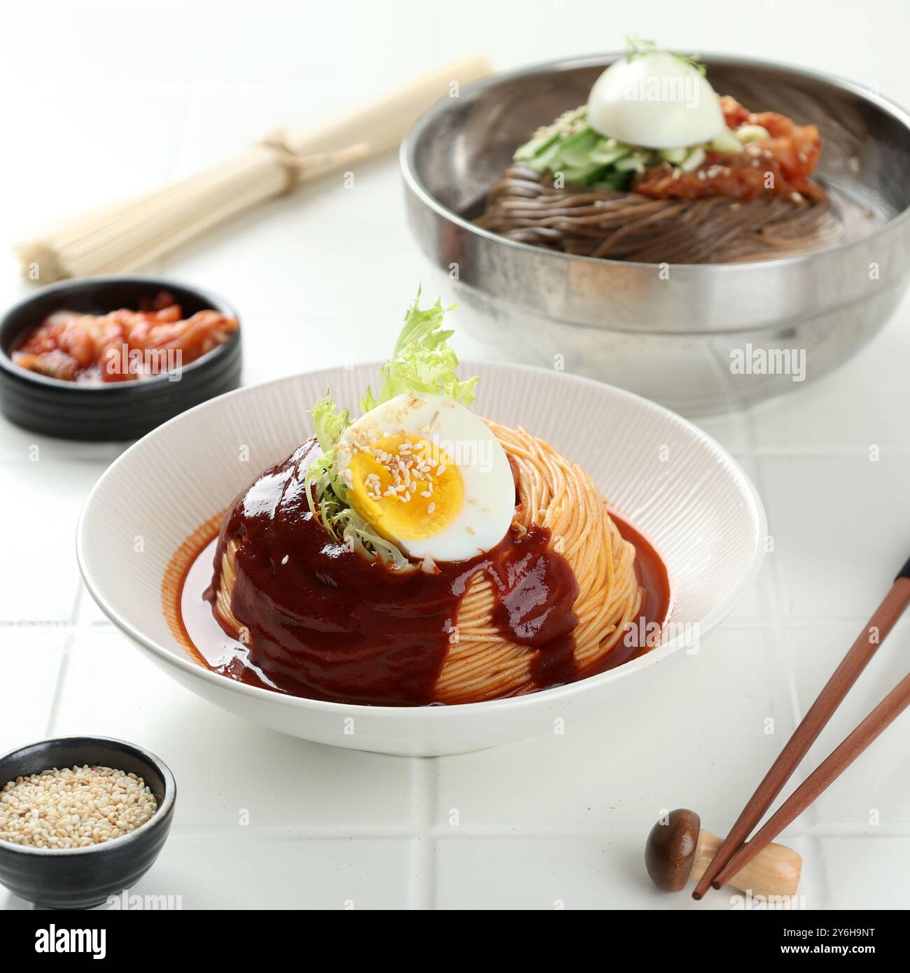 Korean Traditional Food, Spicy Noodle Bibim Guksu on WHite Bowl Stock ...