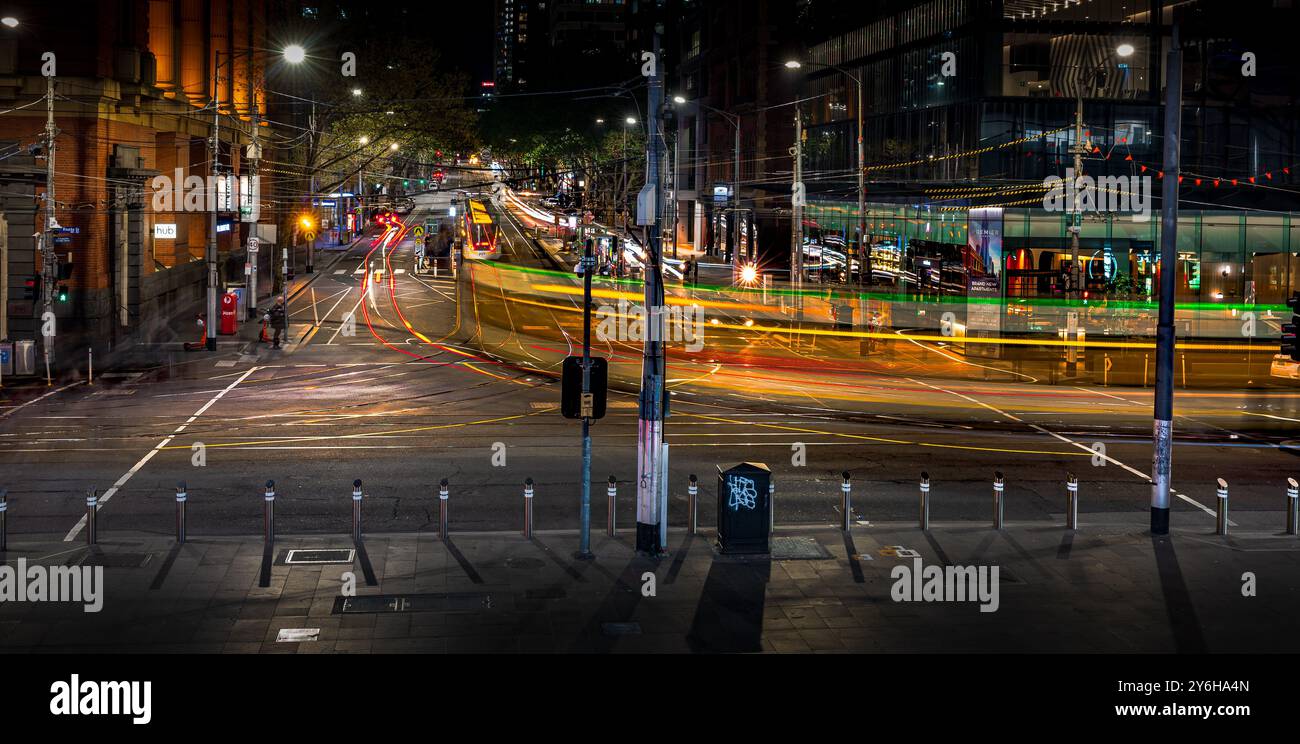 Long exposure of tram, car and/or bus light trails outside Southern ...