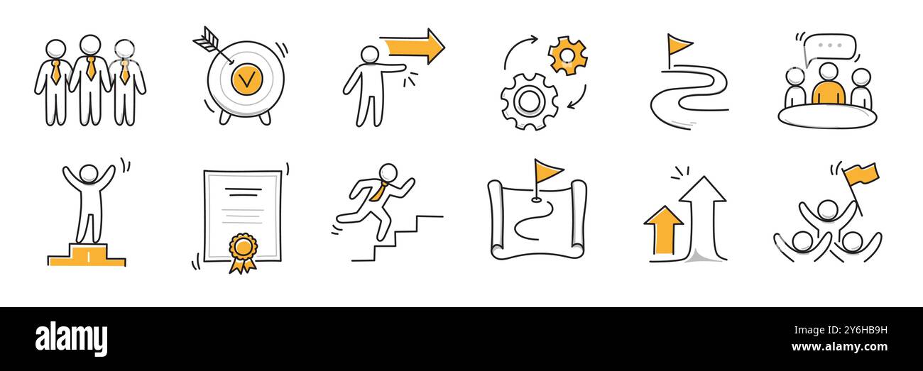 Doodle career icon set. Success winner, business goal, challenge hand ...