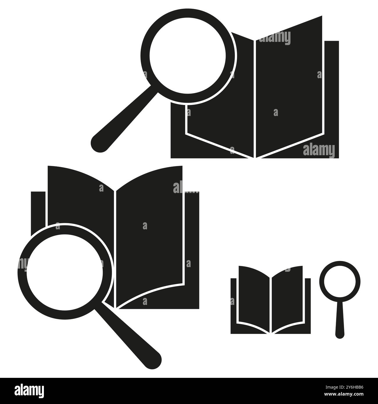 Magnifying glass and book icons. Research symbols vector. Reading and ...