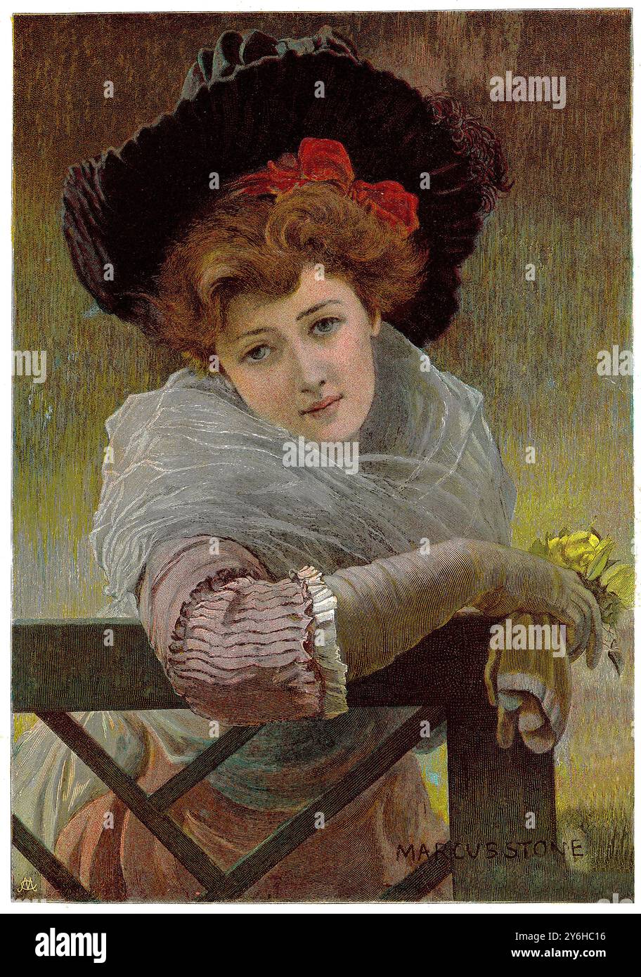 Coloured engraving portrait of a beautiful young woman by Marcus Stone ...