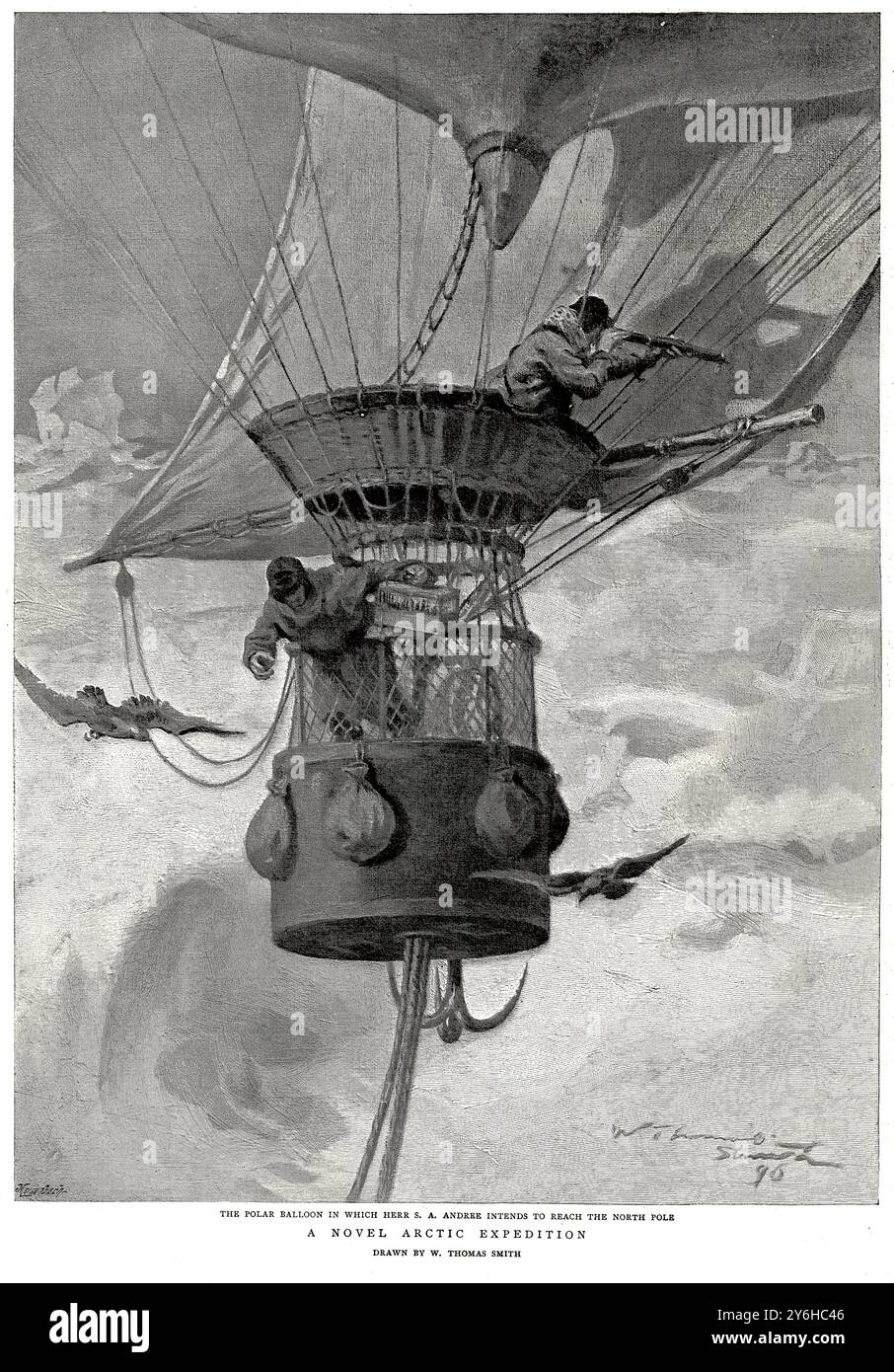 Engraving of a polar balloon expedition of 1896 organised by Herr S A ...