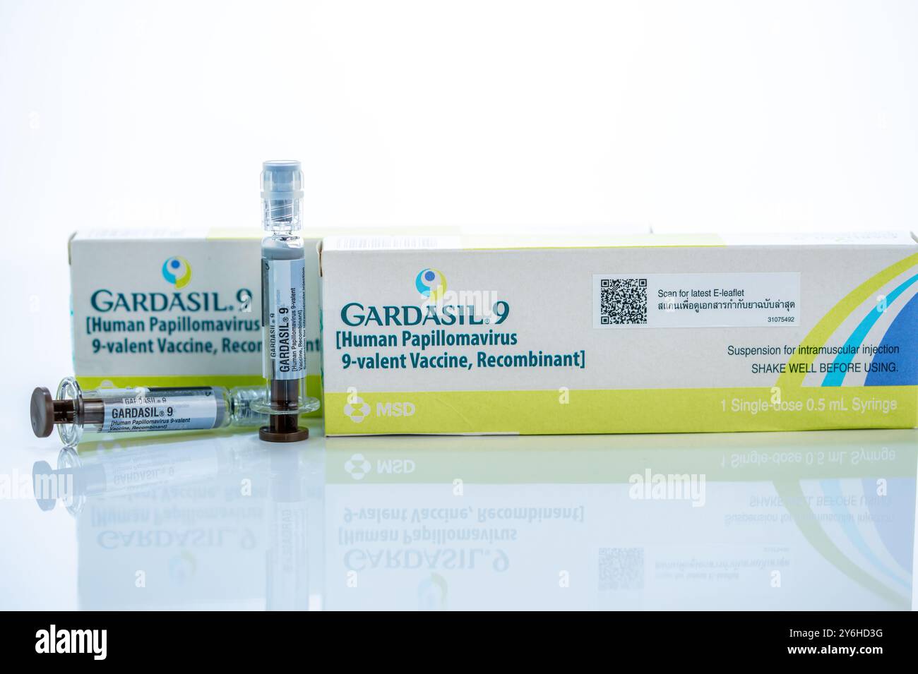 CHONBURI, THAILAND-SEPTEMBER 13, 2024: Gardasil 9 HPV vaccine packaging with prefilled syringe ...