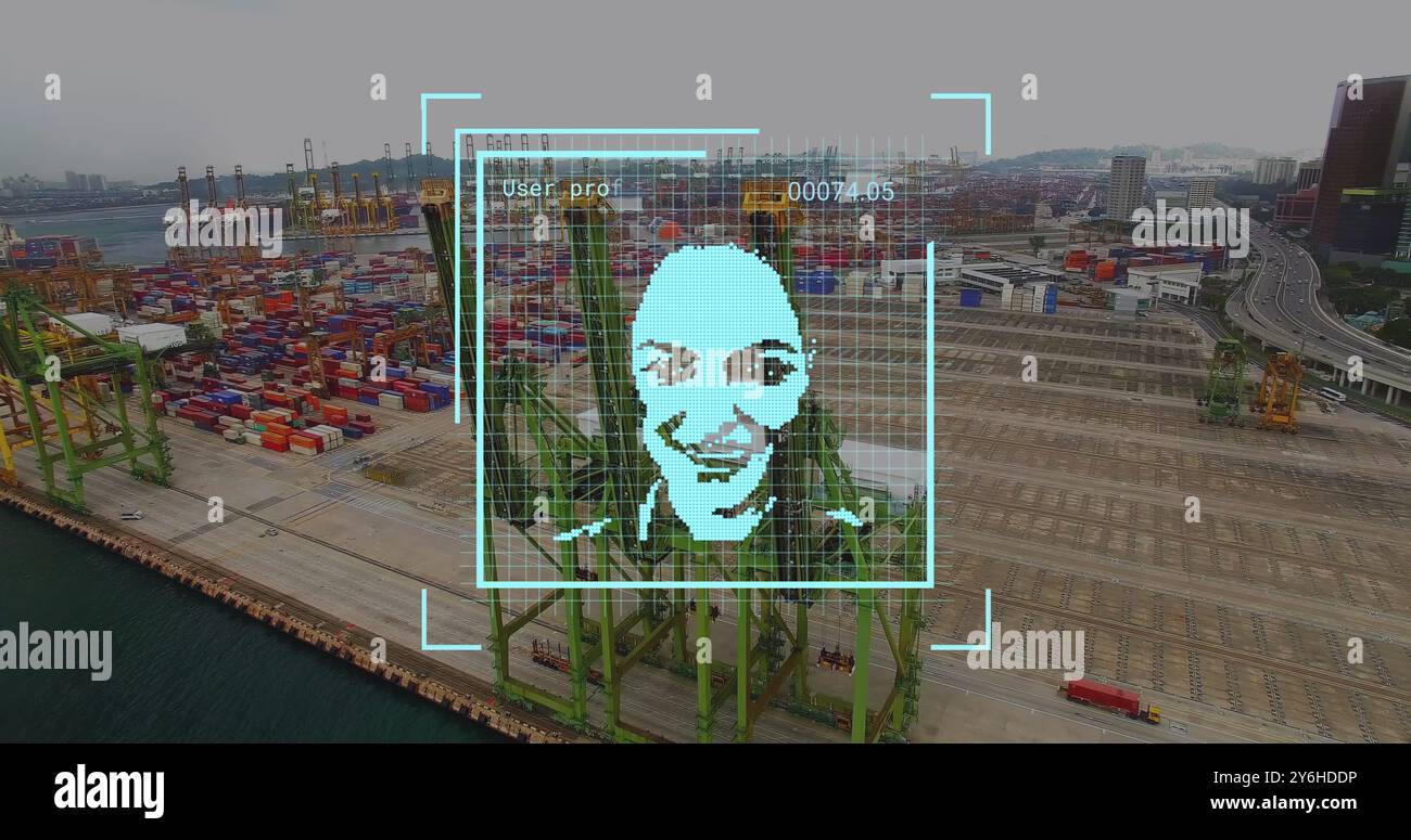 Image of data processing with portraits over container port Stock Photo ...