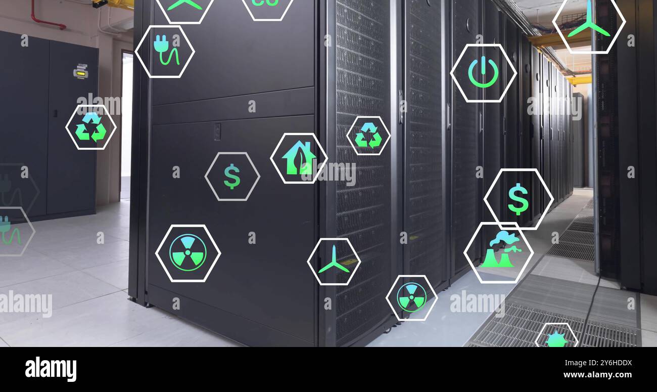 Image of ecology icons over server room Stock Photo - Alamy