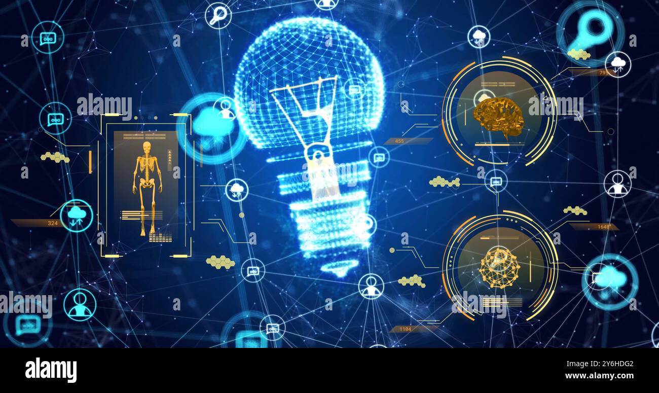 Image of scanners processing data, light bulb and network of people ...