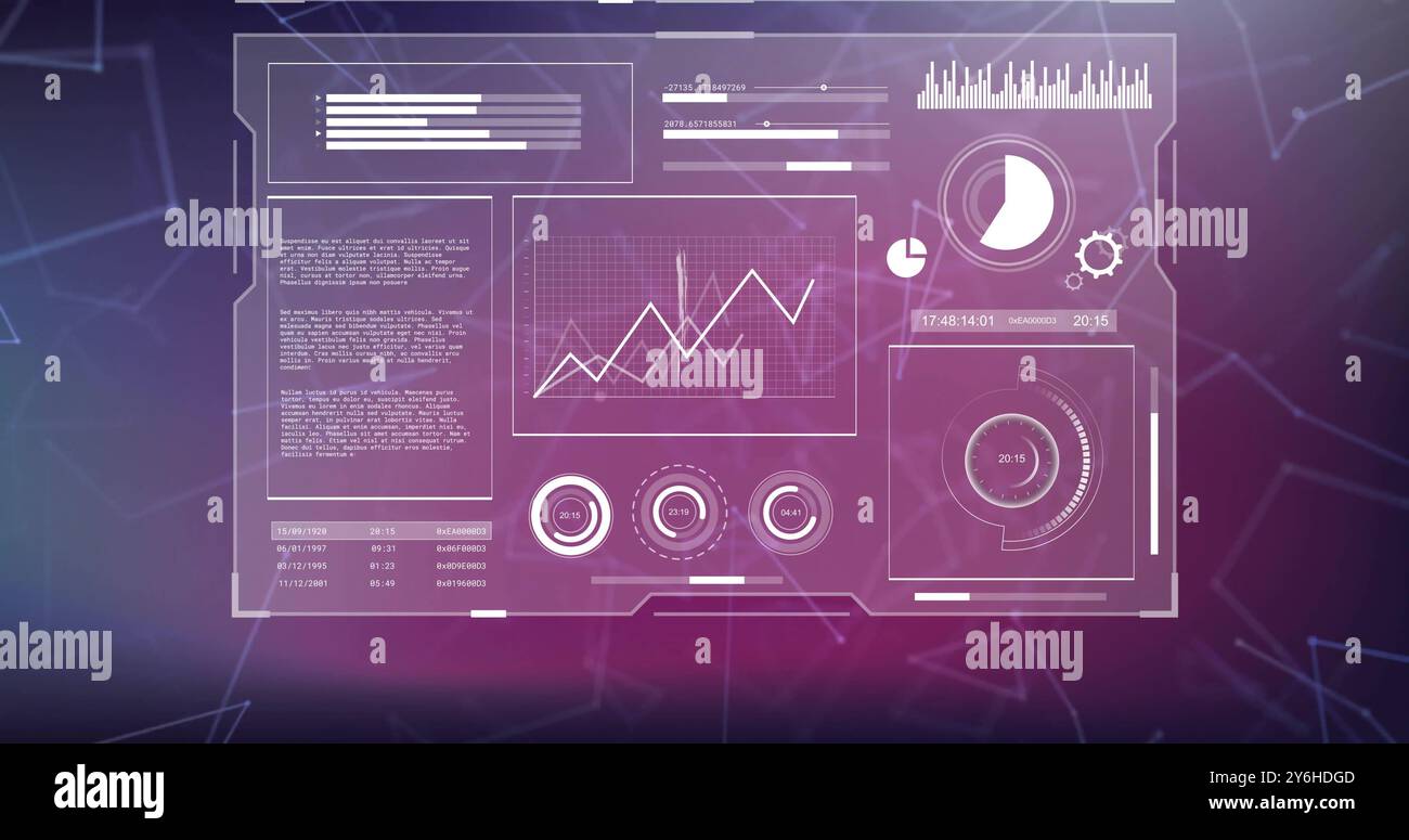 Image of charts processing data on interface screens over networks on dark background Stock ...