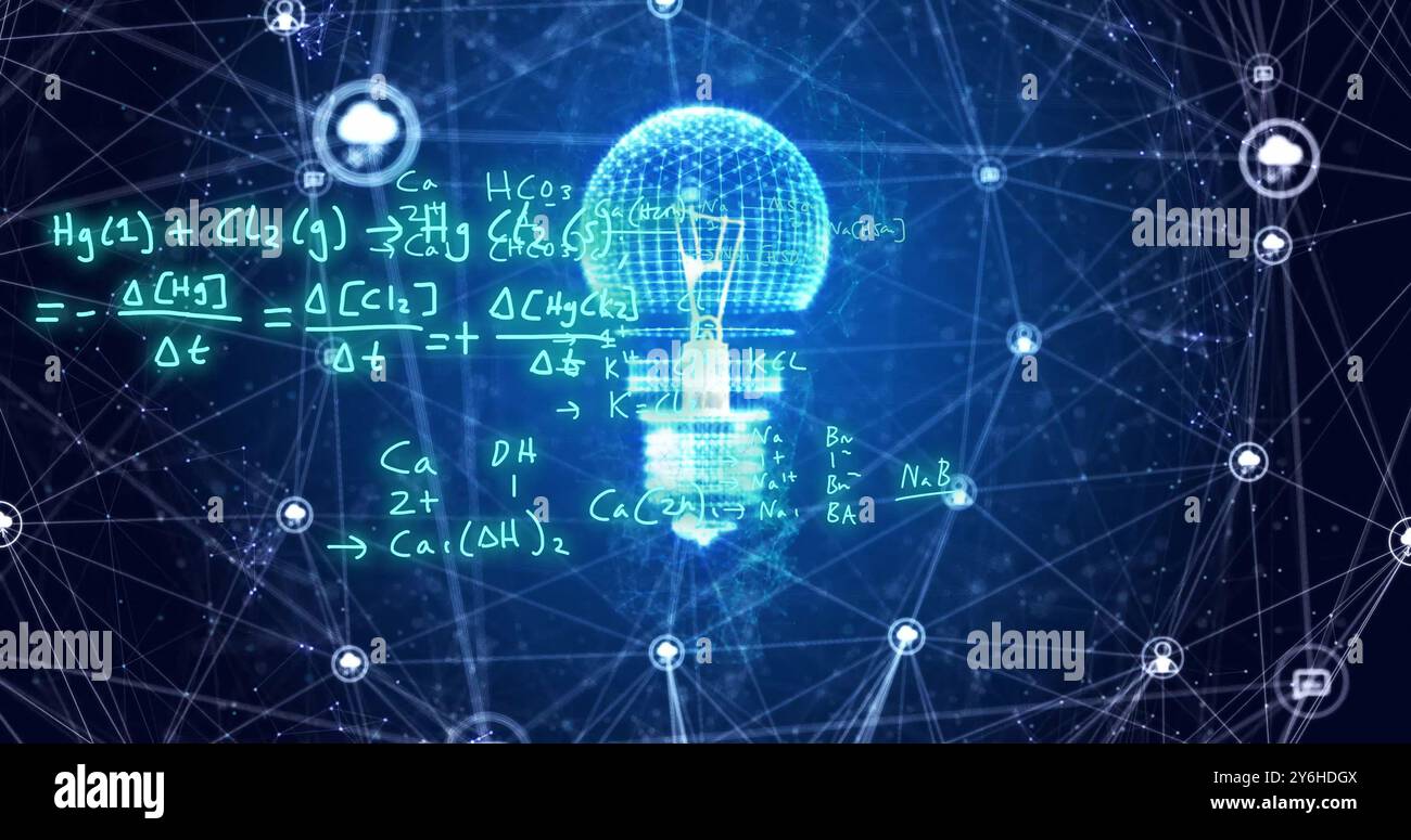 Image of chemical equations over light bulb and networks on dark ...