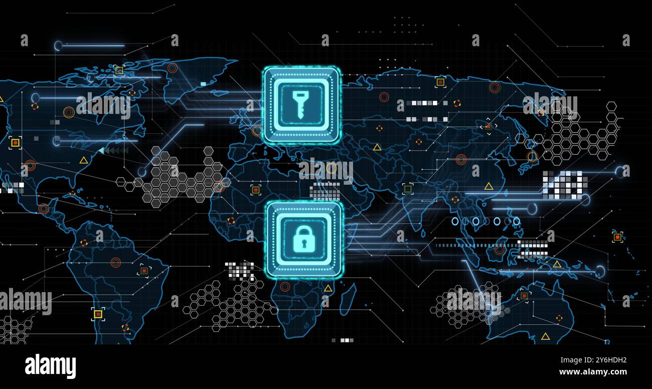 Image of circuit board, key and padlock icon and network of connections ...