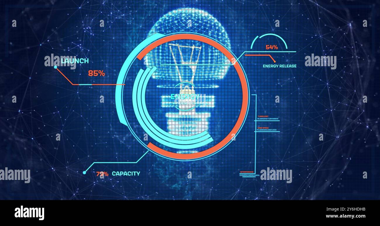 Image of circular scanner processing energy data over light bulb and network Stock Photo - Alamy