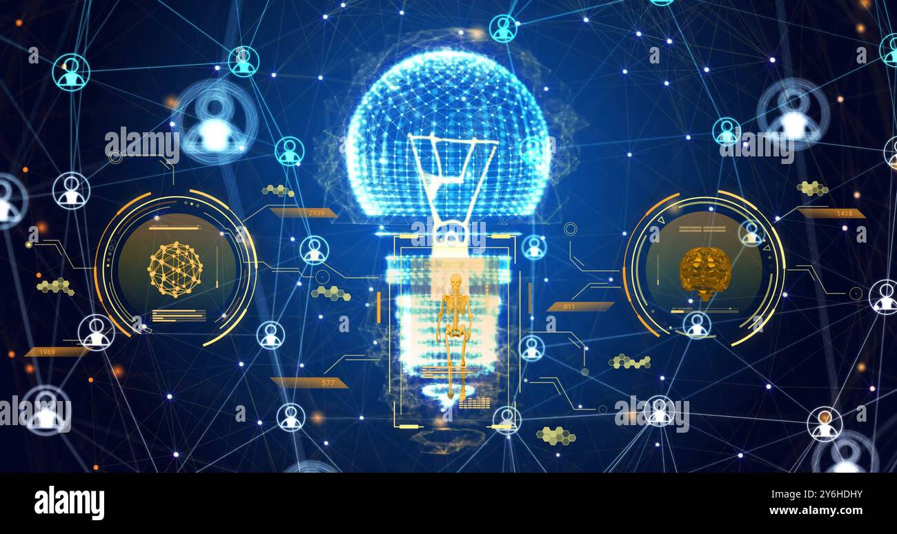 Image of scanners processing data, light bulb and network of people ...