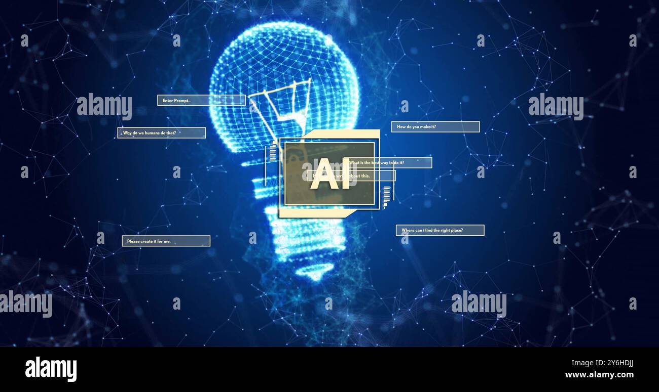 Image of ai interface with dialogue boxes and light bulb over networks on dark background Stock ...