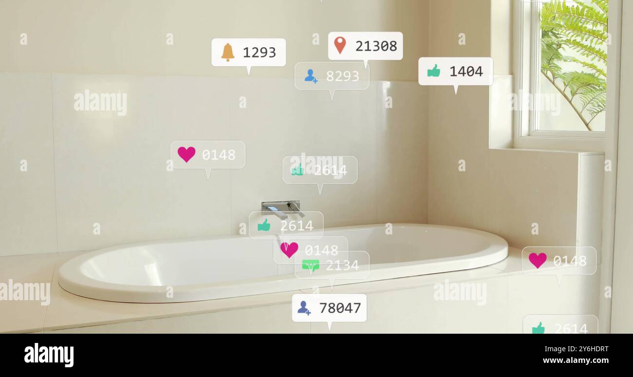 Social media interaction icons image over modern bathroom with white ...