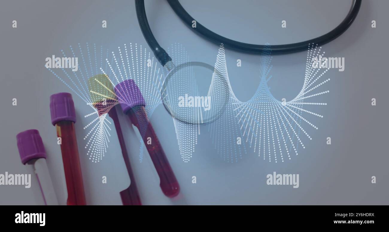 Image of dna strands over test tubes with blood and stethoscope Stock ...