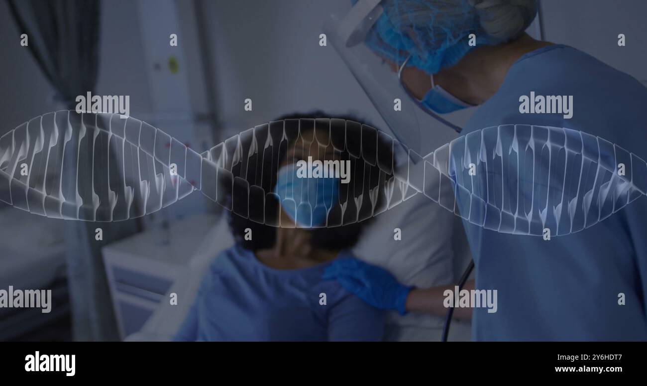 Image of dna strands over afrcian american female patient and female ...