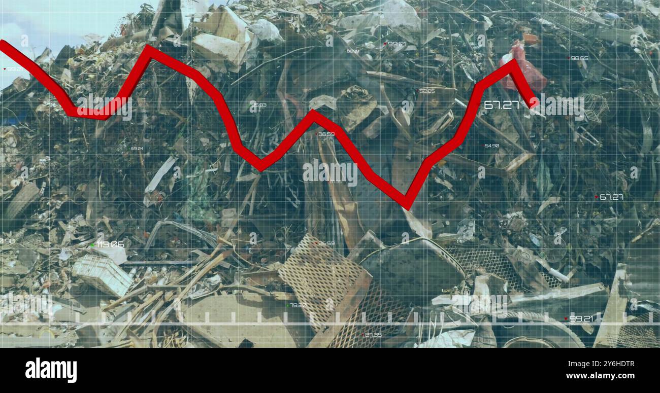 Red line graph image over pile of scrap metal and debris Stock Photo ...