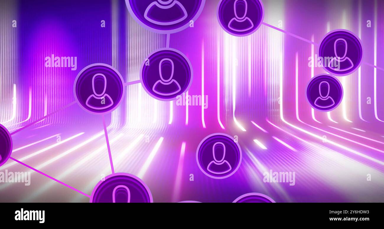 Network of user icons connected by lines, digital communication image over neon background Stock ...