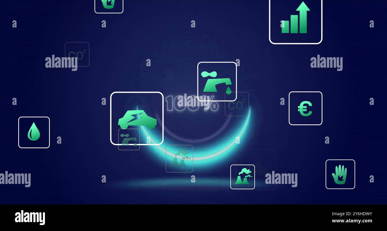 Sustainability icons and progress bar image over dark blue background ...