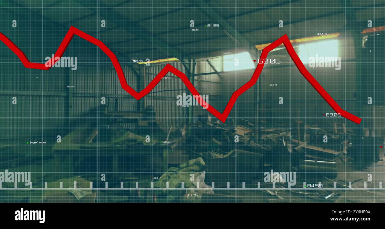 Red line graph image over industrial warehouse with various items ...