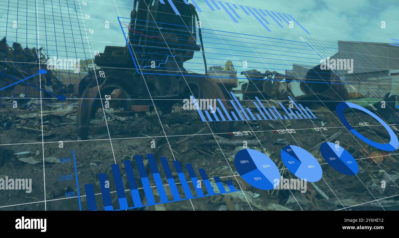 Graphs and charts image over industrial machinery in scrapyard Stock ...