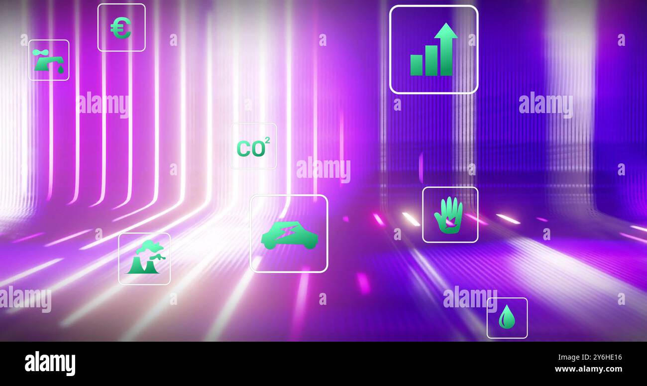 Energy and environmental icons image over futuristic purple and pink ...