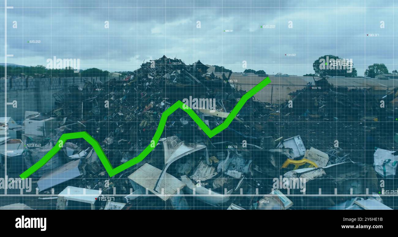 Green line graph image over large pile of electronic waste in recycling ...
