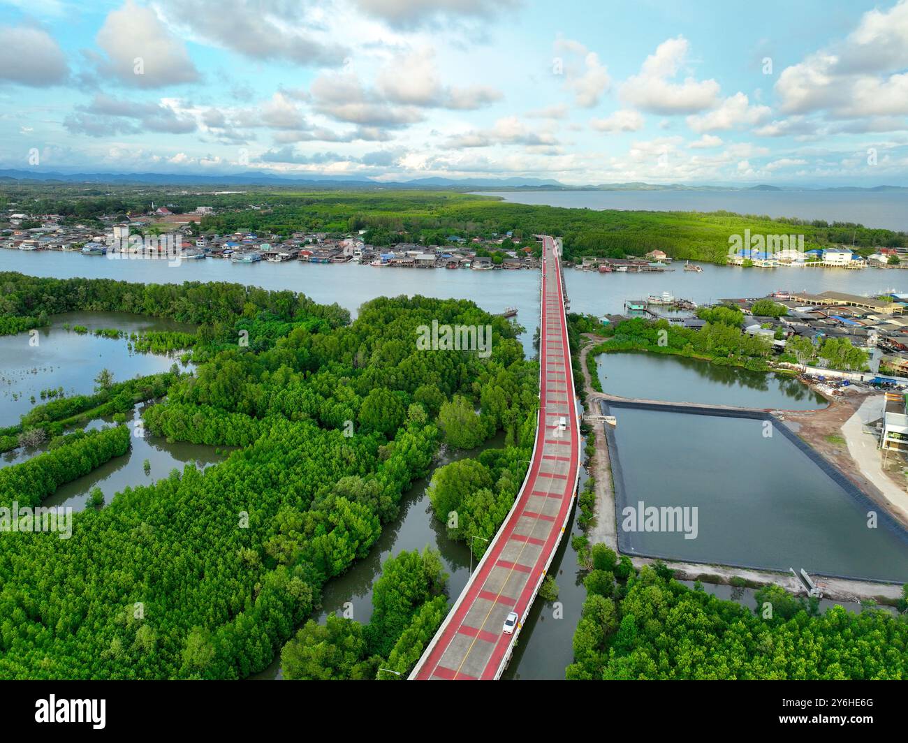 Aerial landscape of Pak Nam Prasae estuary in Rayong, Thailand. Fishing ...