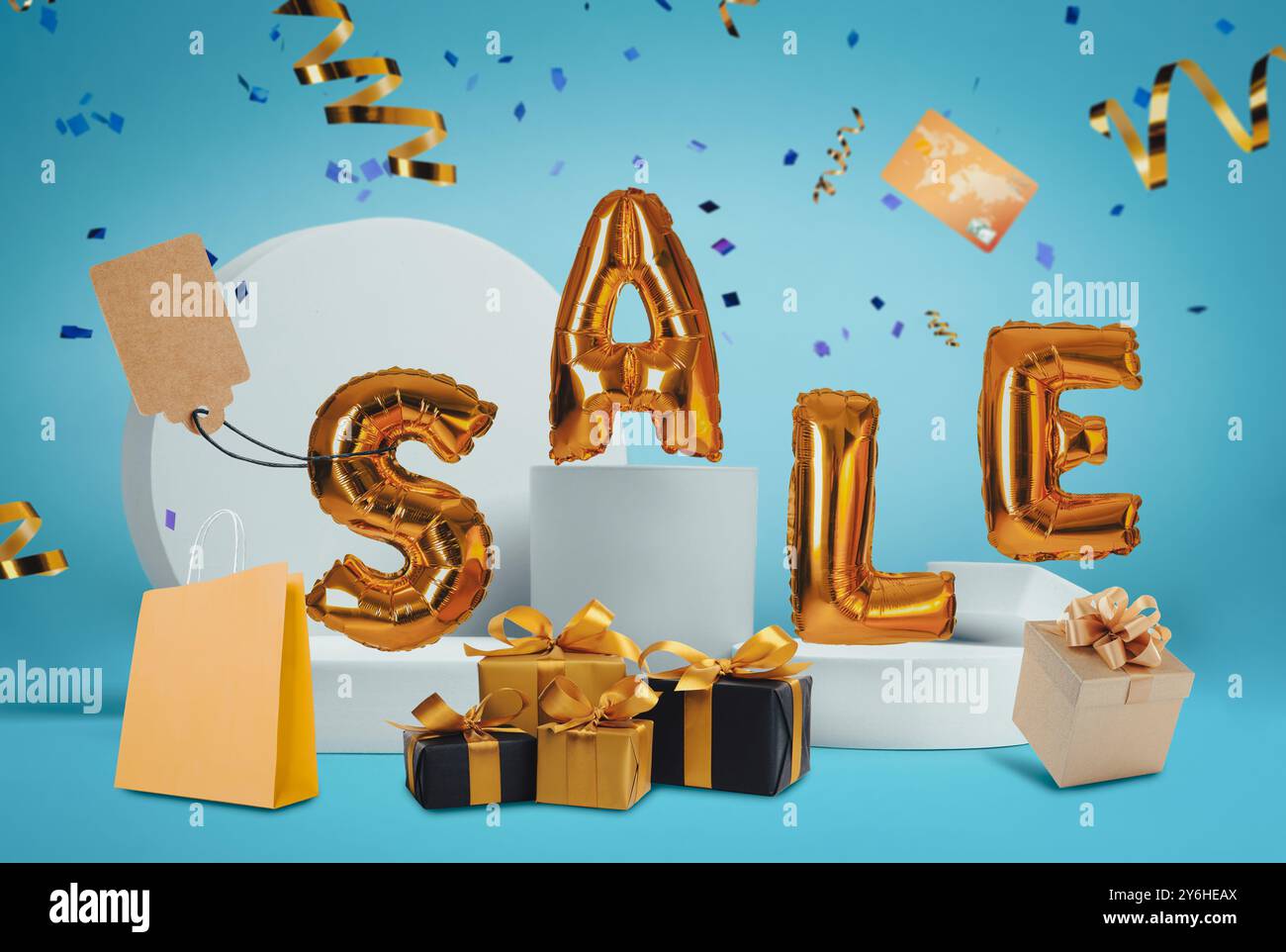 Sale flyer design with word of shiny golden balloons and gift boxes on ...