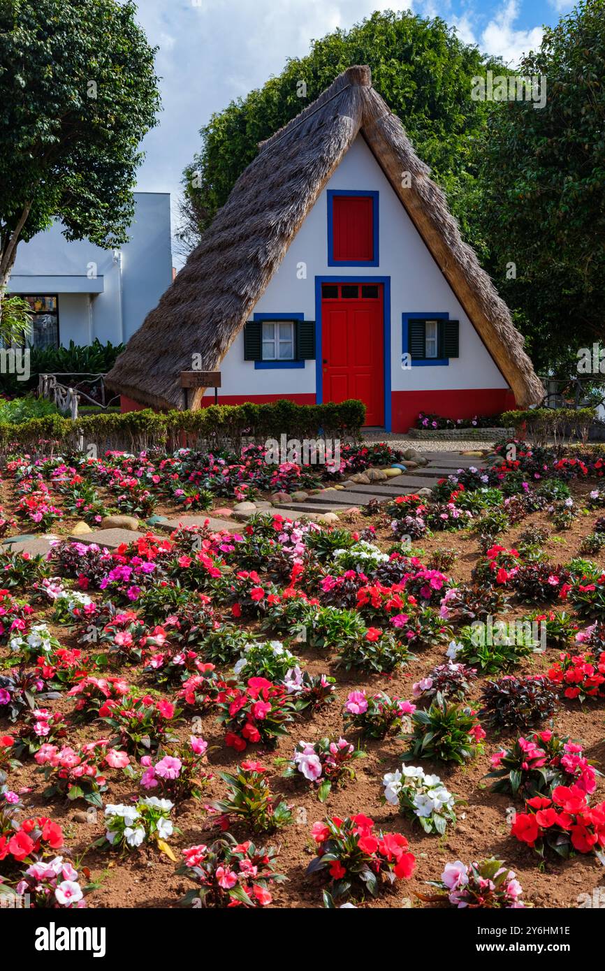 Small, triangular houses typical of Madeira in Santana. With thatched ...