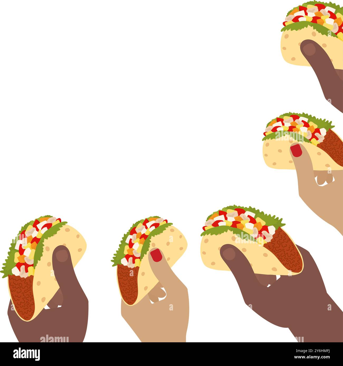 Male and female hands of different nationalities holding tacos. Human ...