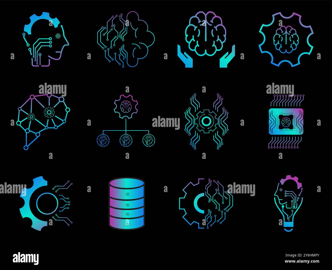 Set of 12 gradient color vector line icons related to the field of ...