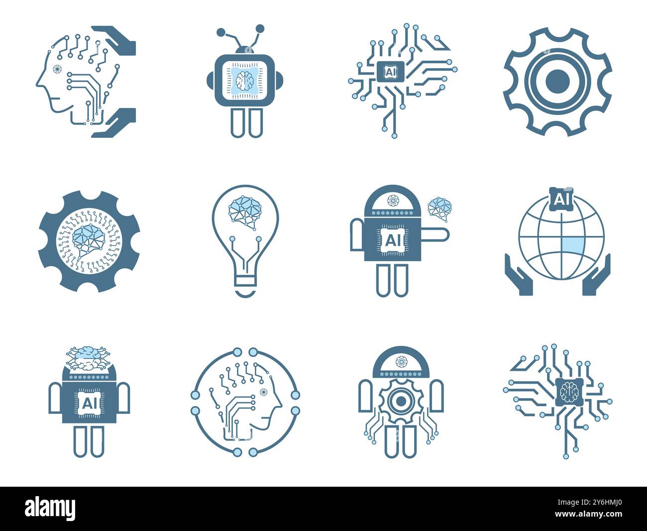 Twelve Artificial intelligence line icons, 12 AI for technology symbols ...