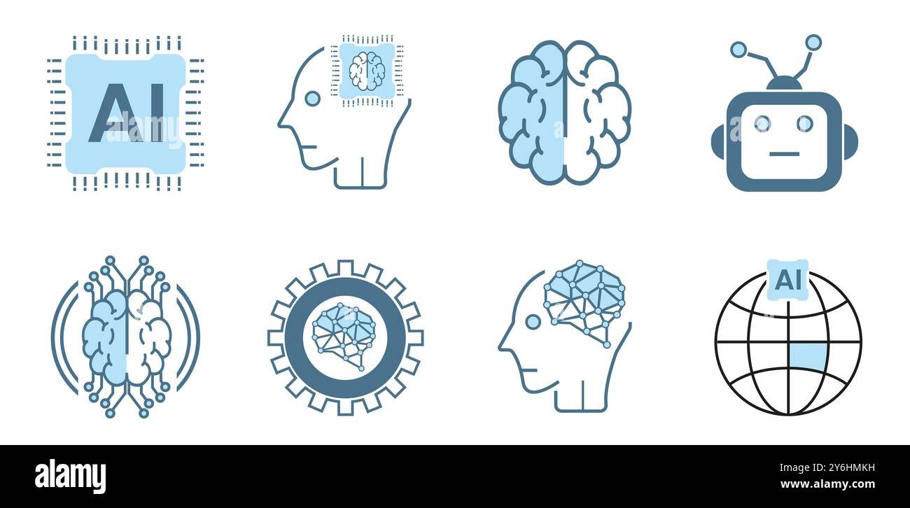 Collection of 8 AI, robots technology flat icons style on white background. Line icons, symbols ...