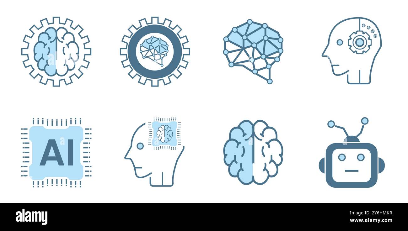 Eight AI icons, symbols. Set of 8 Artificial intelligence lined style ...