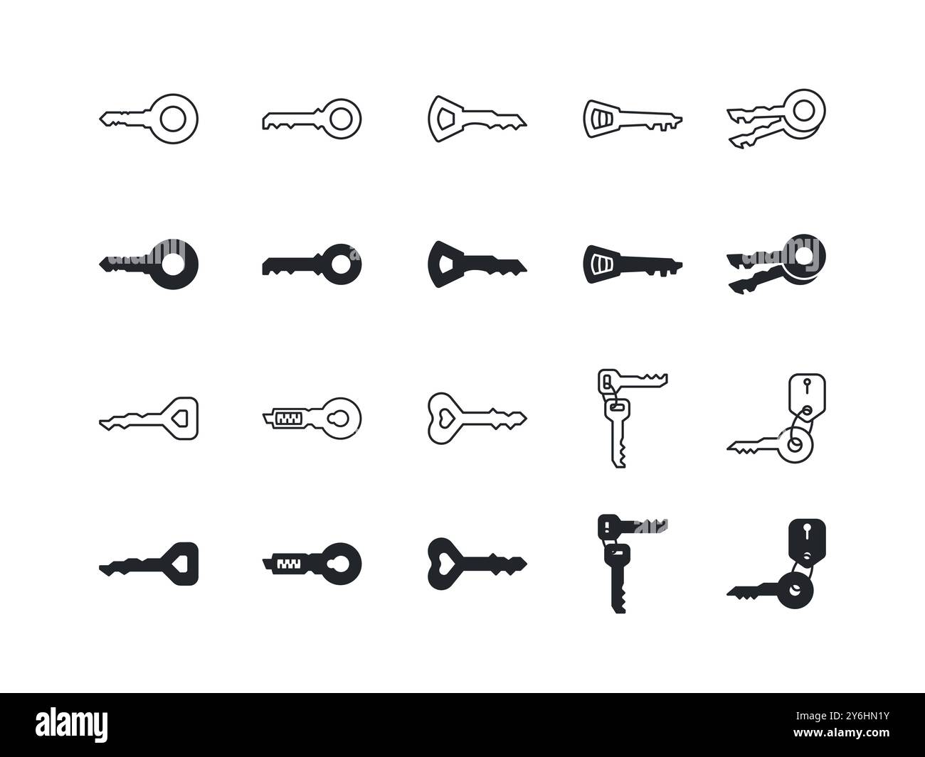 Traditional key set and key rings outline and field icon bundle Stock ...