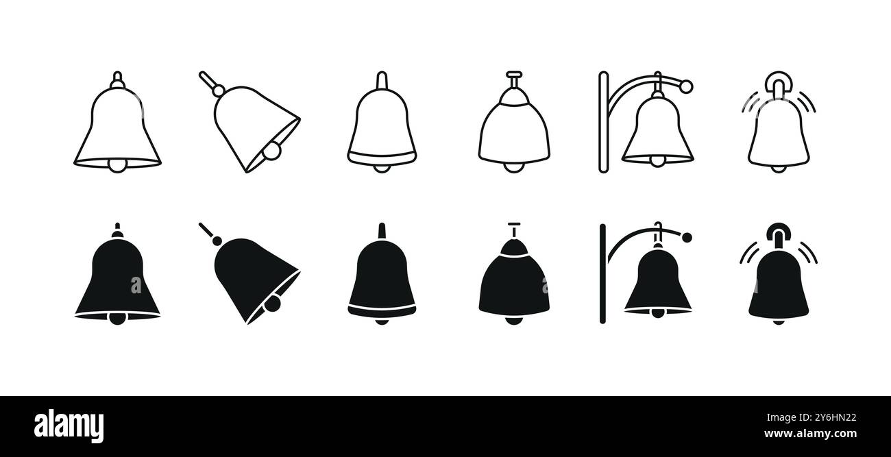 Simple classic black field and outline traditional bell icon set Stock ...