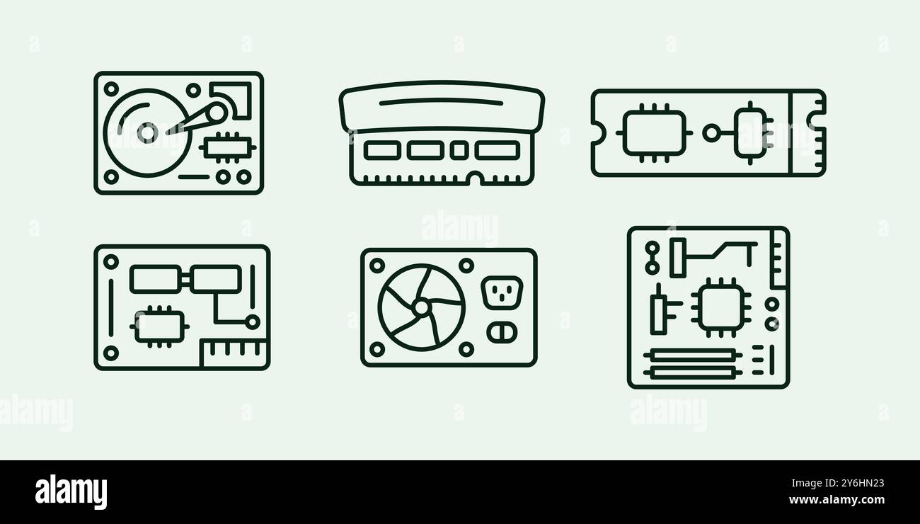 Computer hardware internal parts line illustration icon set design ...