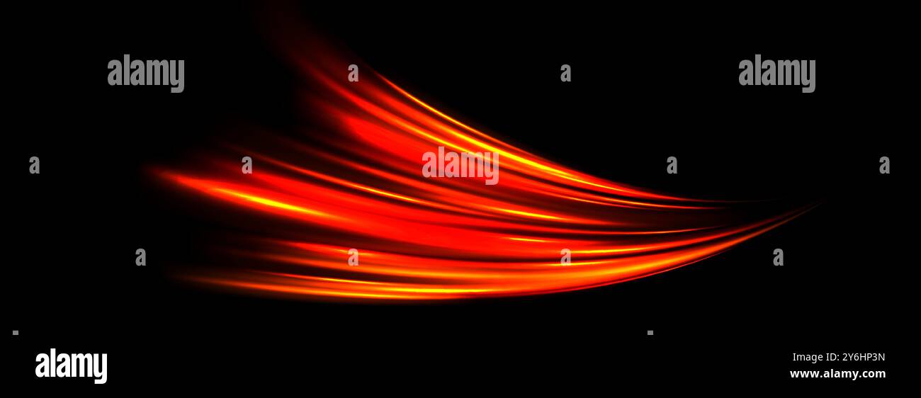 Glowing neon light trail element. Bright red orange speed line wave ...