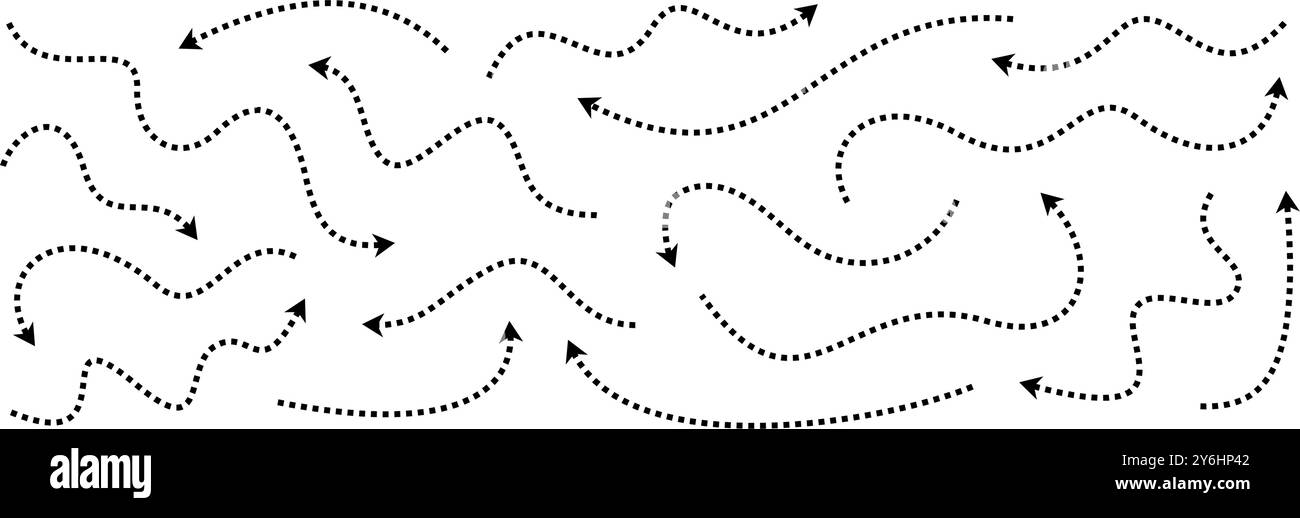 Black dotted thin arrows set. Wavy and curved dashed arrow collection ...