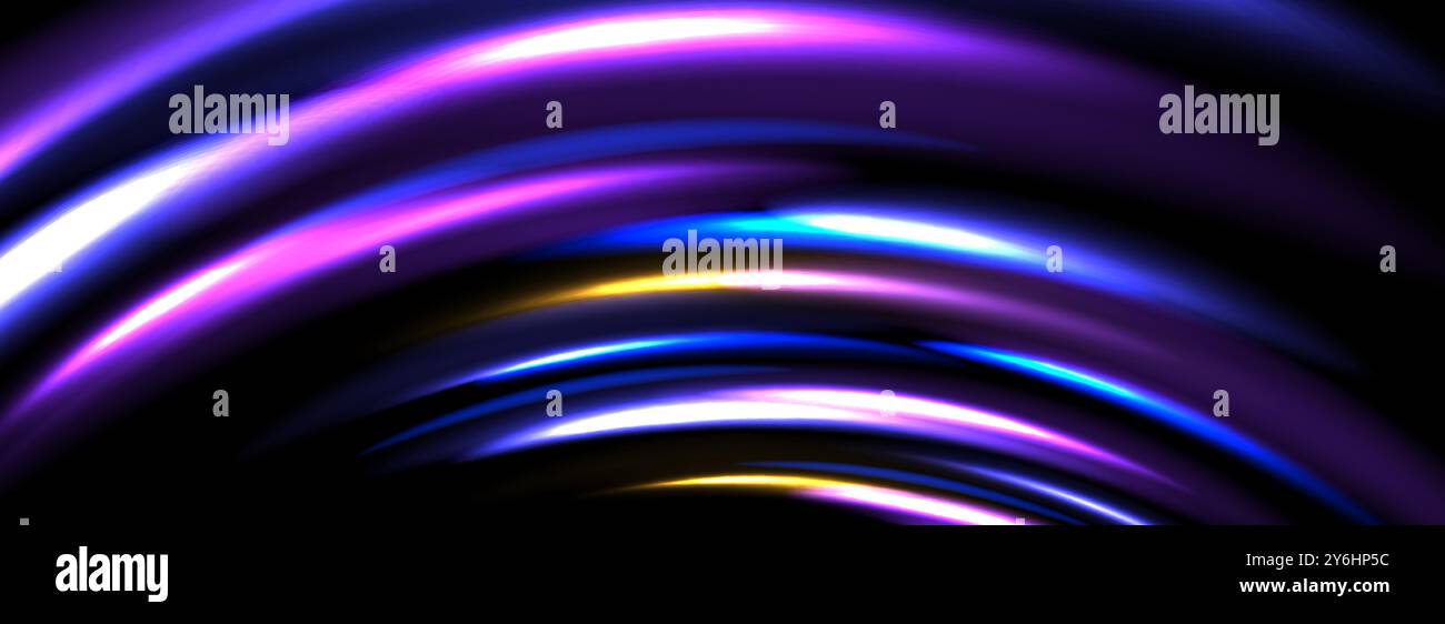 Glowing neon light trail background. Bright blue purple arc speed lines ...