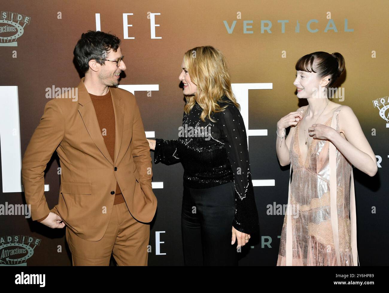 Andy Samberg, left, Kate Winslet and Andrea Riseborough attend the ...
